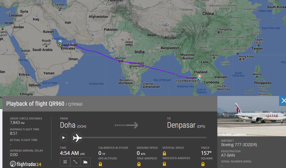 Qatar Airways QR960 Boeing 777 Doha to Denpasar Diverted to Bangkok ...